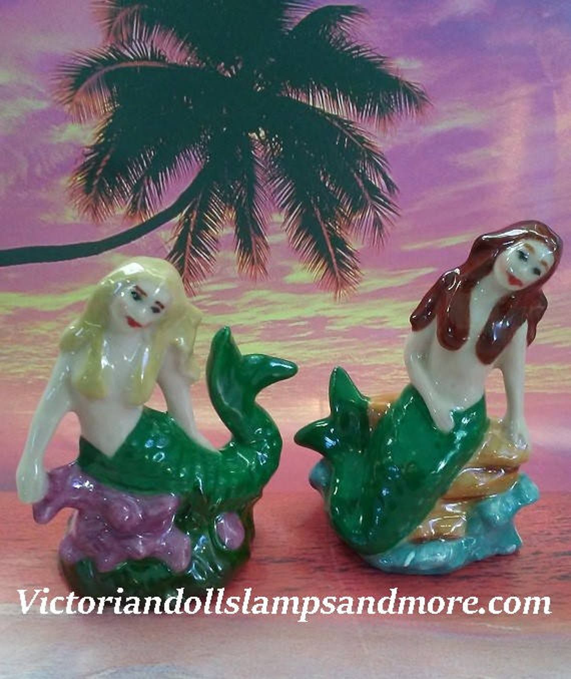 Mermaid Figurine Porcelain in Green Sitting in Ocean Grass and - Etsy