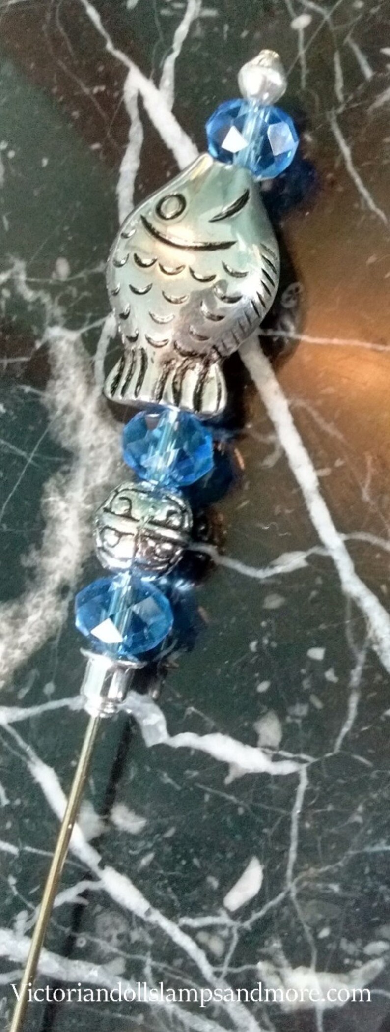 Hat Pin 5 Inch With Silver Like Small Fish Bead and Blue Glass - Etsy