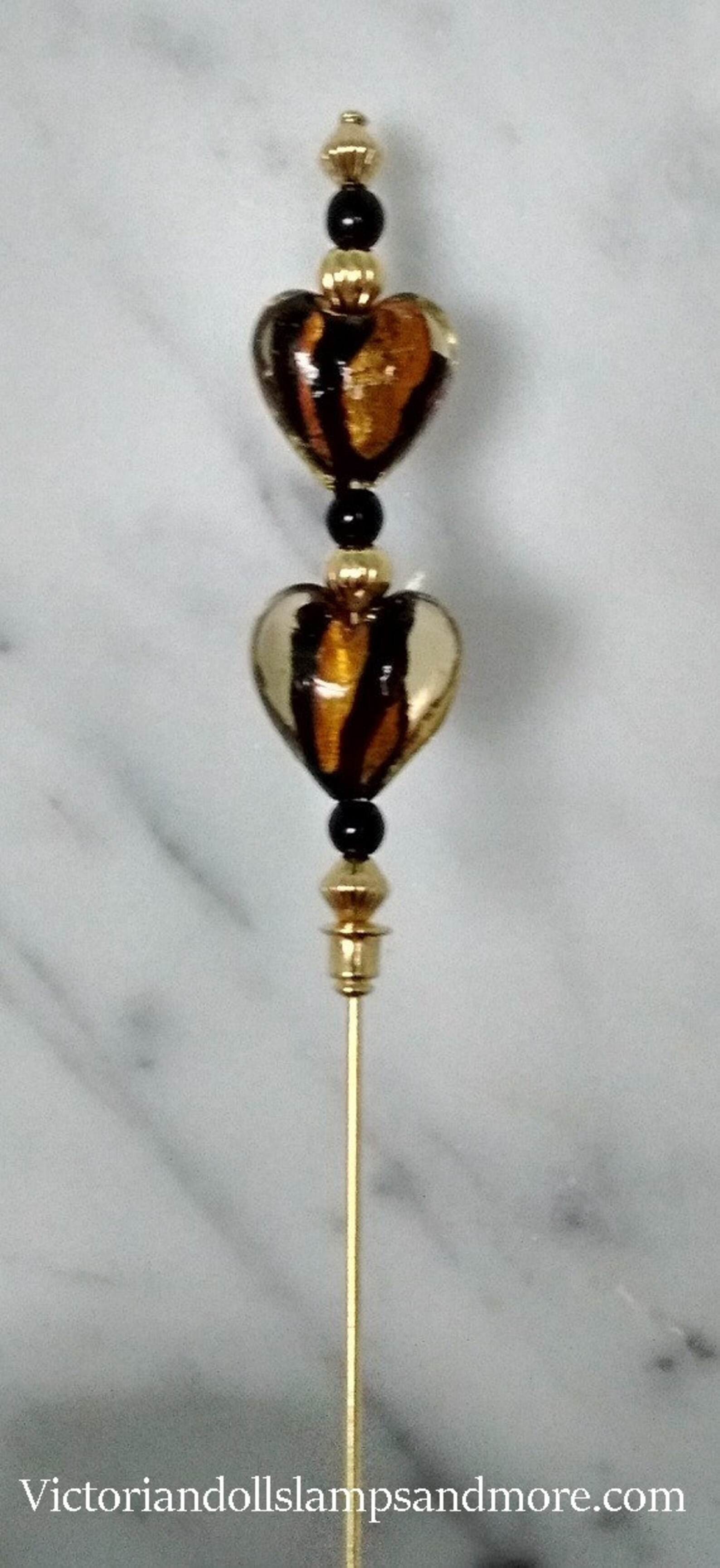 Hat Pin 6 Inch Gold Like Stick and 2 Lampwork Hearts With Gold - Etsy