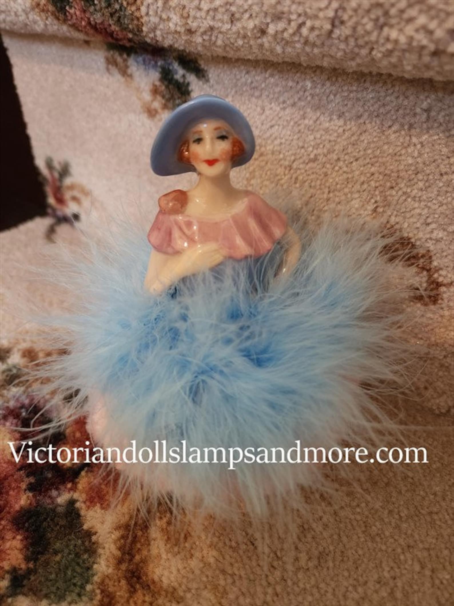 Powder Puff in Pink, With Porcelain Lady With a Pink and Blue Top and ...