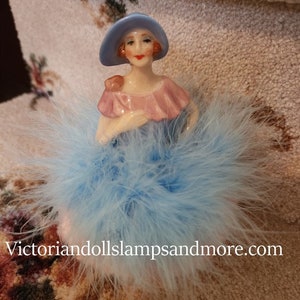 Powder Puff in Pink, With Porcelain Lady With a Pink and Blue Top and ...
