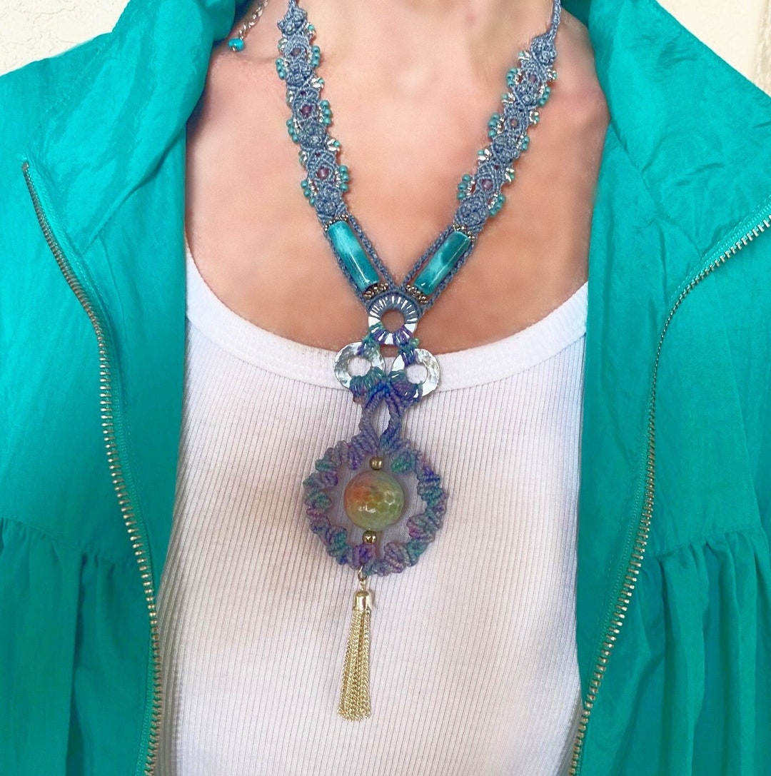 Turquoise/purple Boho Chic Micro Macrame Necklace - Etsy