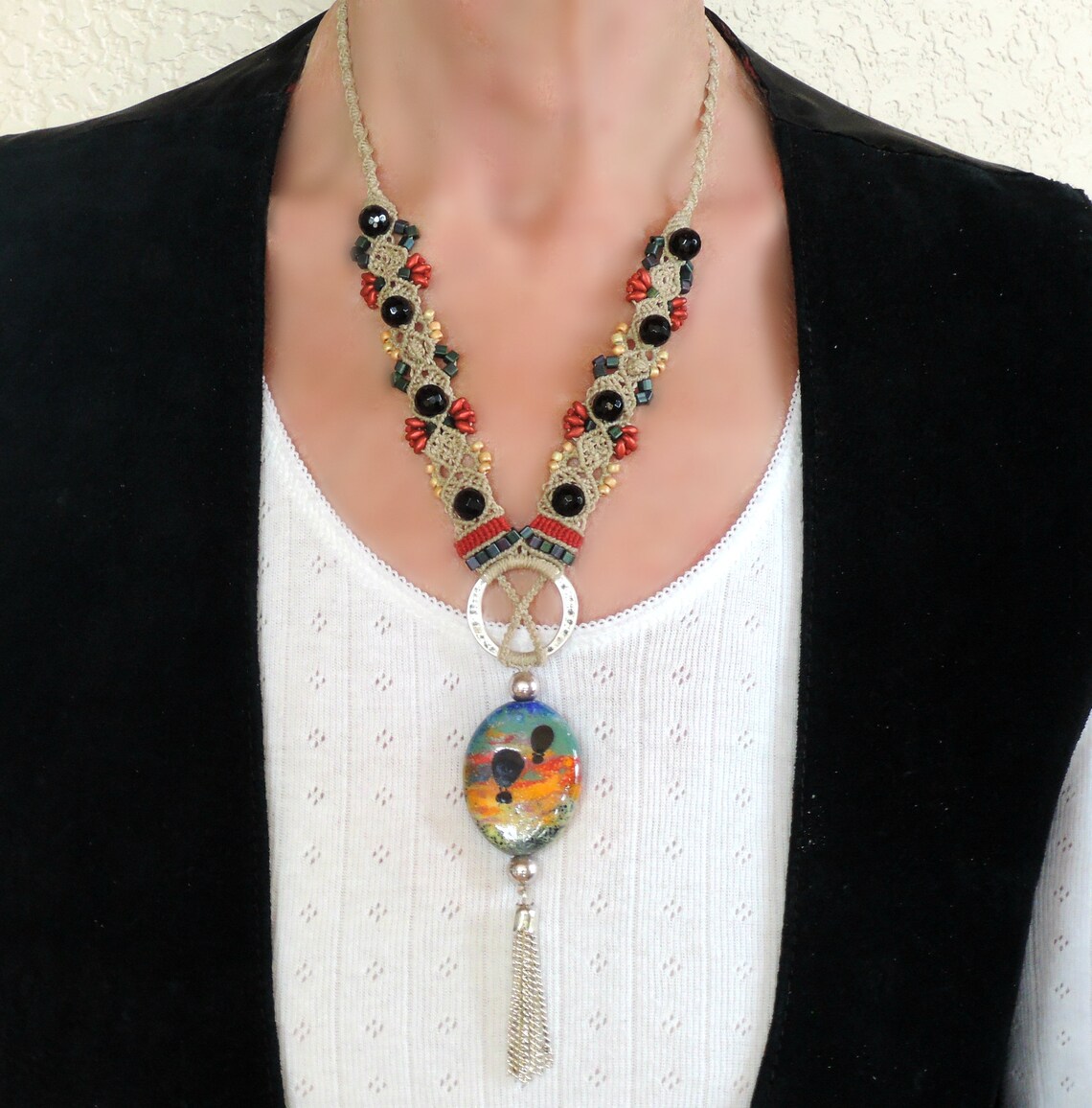 Two-sided Ceramic Boho Chic Micro-macrame Necklace | Etsy