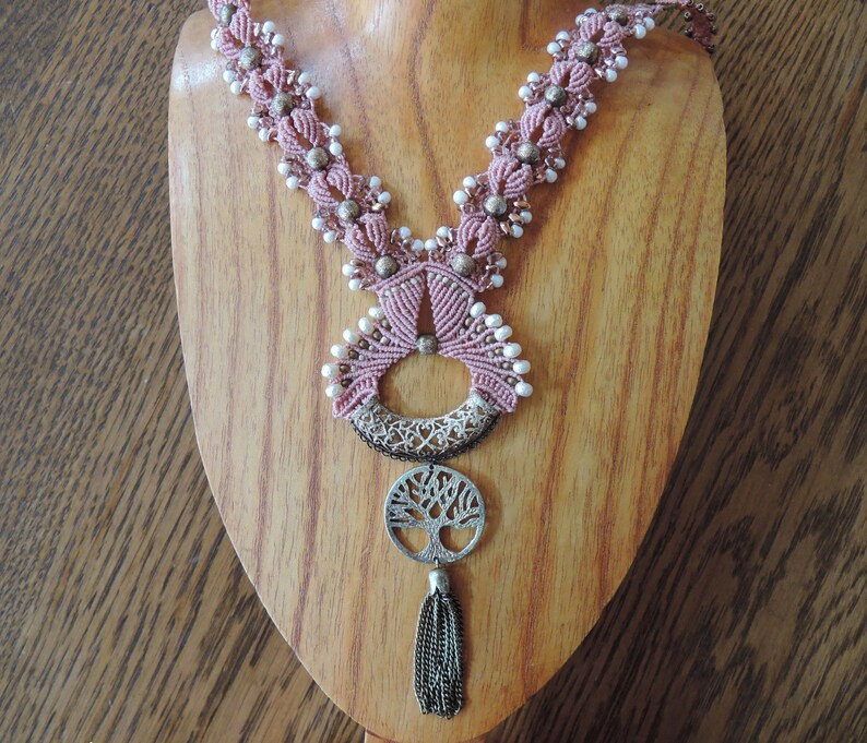 Rose Pink Tree of Life Boho-chic Micro-macrame Necklace - Etsy