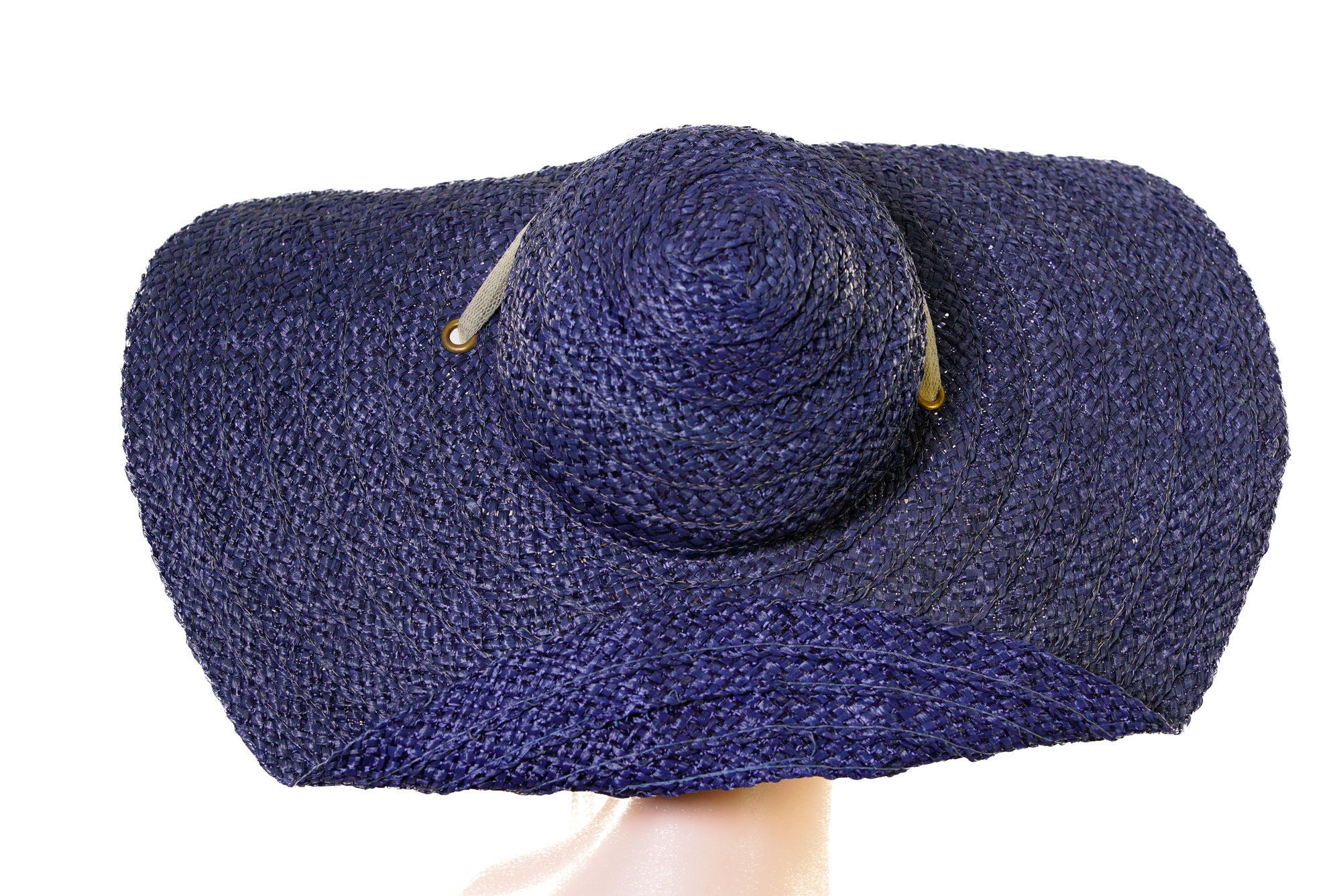 1930s / 1940s Blue Straw Sunhat / 30s 40s Navy Wide Brim Hat With ...