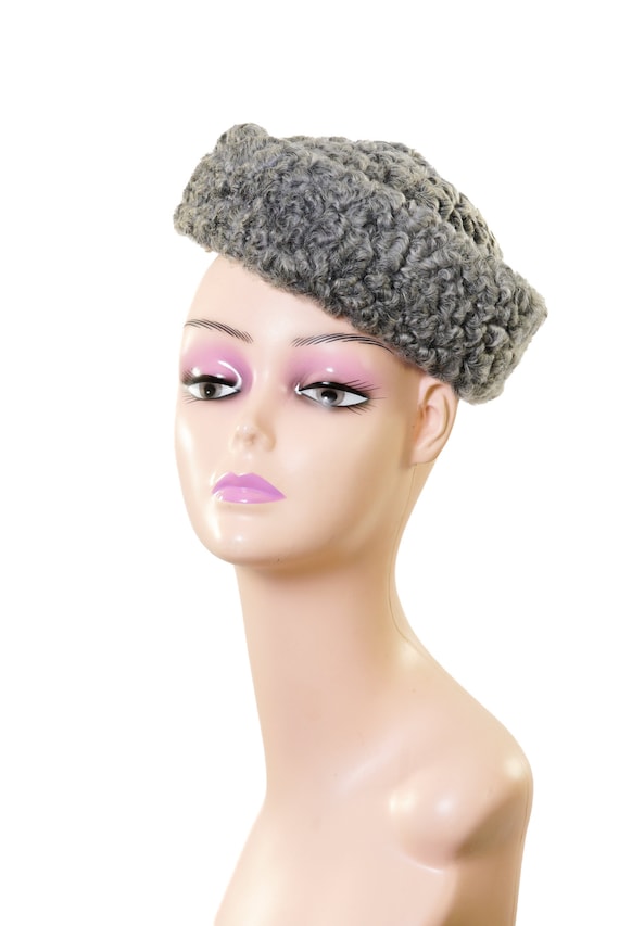 1940s / 1950s Grey Persian Lamb Hat / 40s 50s Wool Cap - Gem