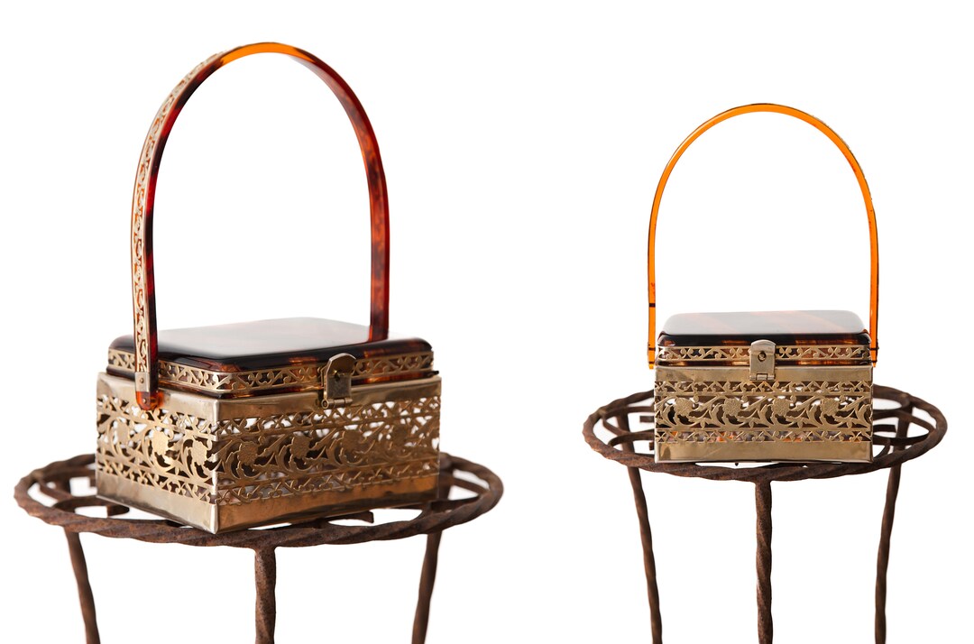 1950s Brown Lucite and Gold Cage Handbag / Tyrolean Box Purse - Etsy