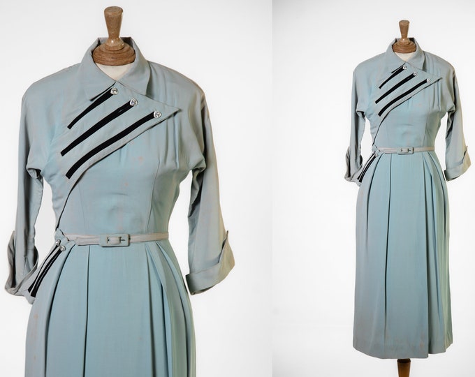 1950s MARY MUFFET Blue Asymmetrical Dress With Black Details - Etsy