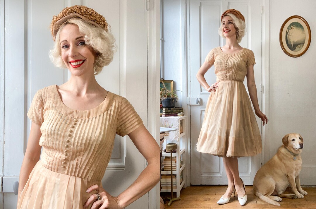 1950s Brown Pleated Dress / 50s Semi-sheer Fit and Flare Dress - Etsy