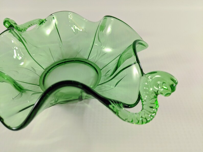 Vtg Fenton Dolphin Handled Green Bonbon Candy Dish With Etched | Etsy