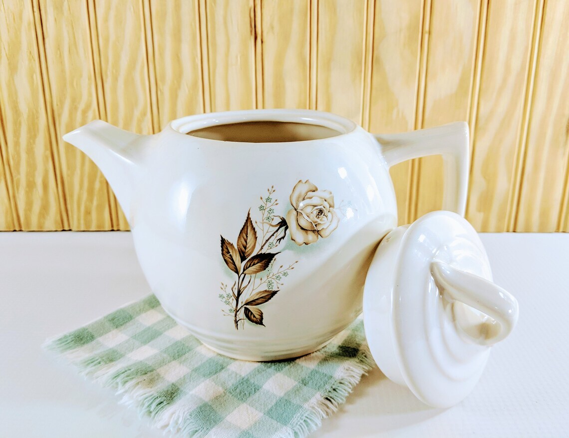 Vtg. Mccoy Pottery Teapot. White With Brown Rose & Pale Sage Green Baby ...
