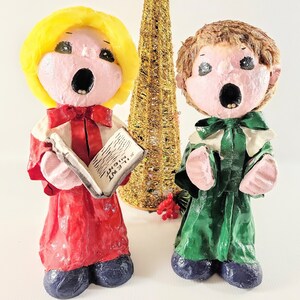 Vintage Handmade Paper Mache Choir Boy & Girl in Green and Red Robes ...