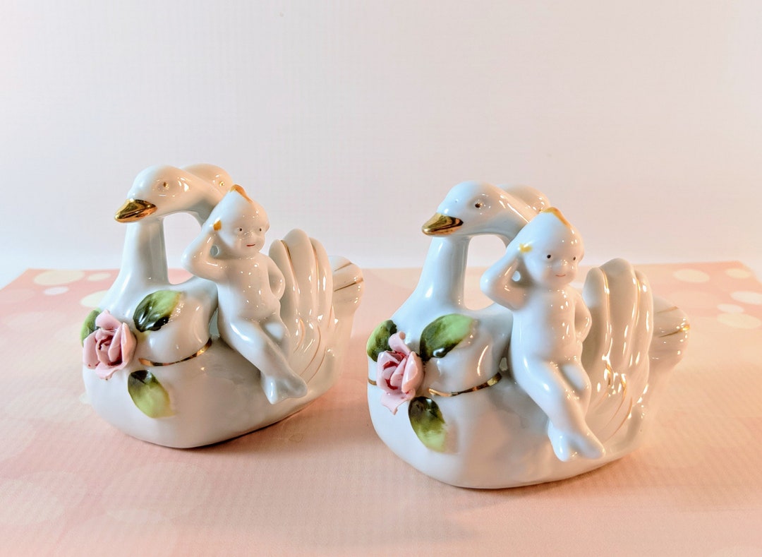 Vtg. Porcelain Swan & Baby Trinket Dishes With Sculpted Pink Flowers ...