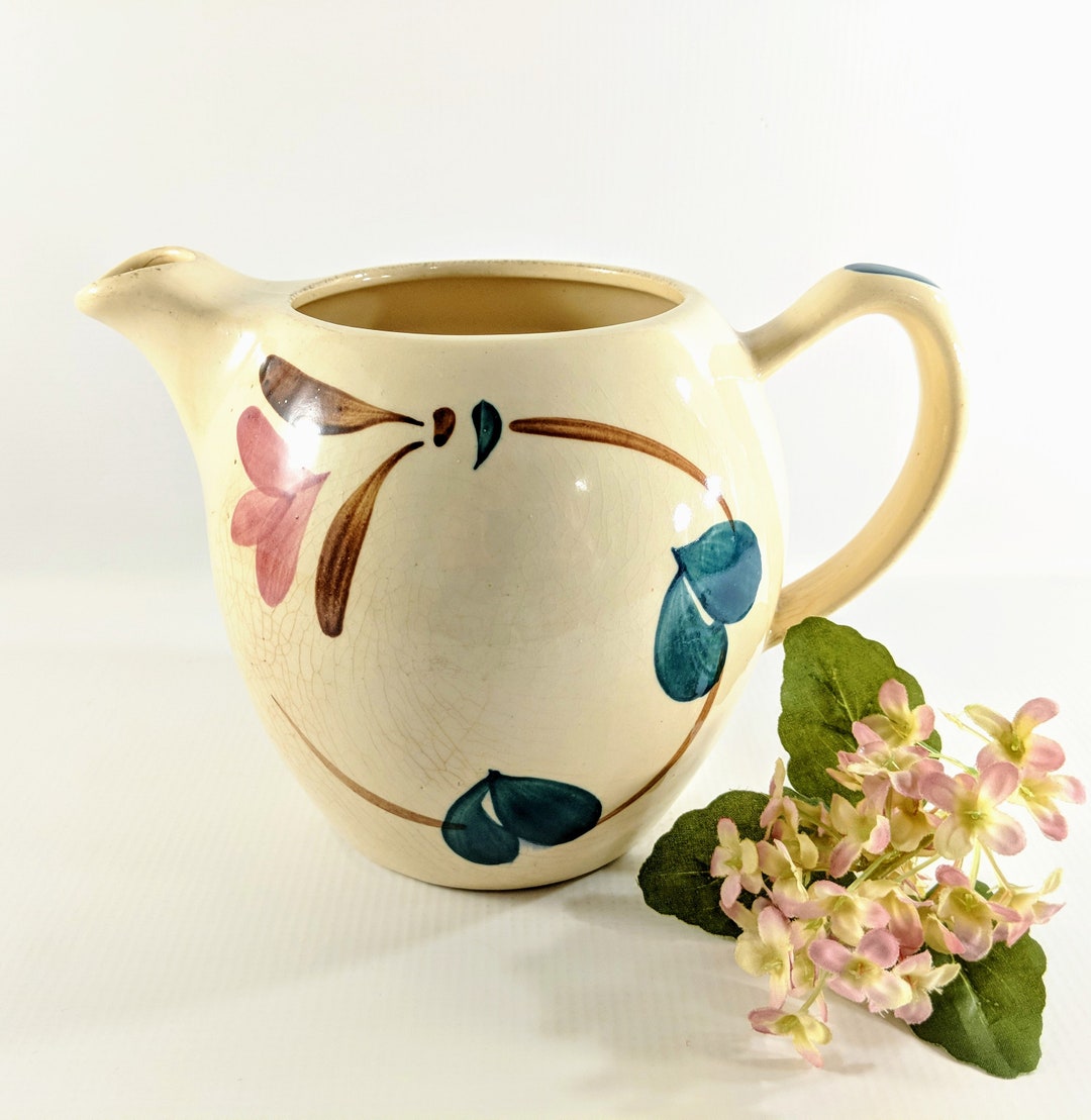 Vtg. Decorative Ceramic Pitcher/flower Vase With Dusky Pink & Teal ...