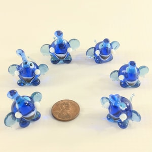 Vtg. Miniature Blown Glass Elephant Figurines. Set of 6 Blue Art Glass ...