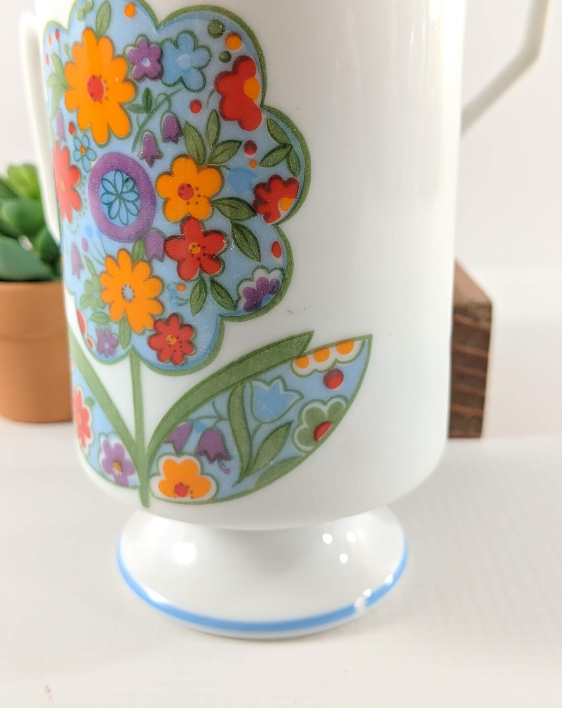 Vtg. Flower Power Pedestal Coffee Cups. Set of 2 White Mugs | Etsy