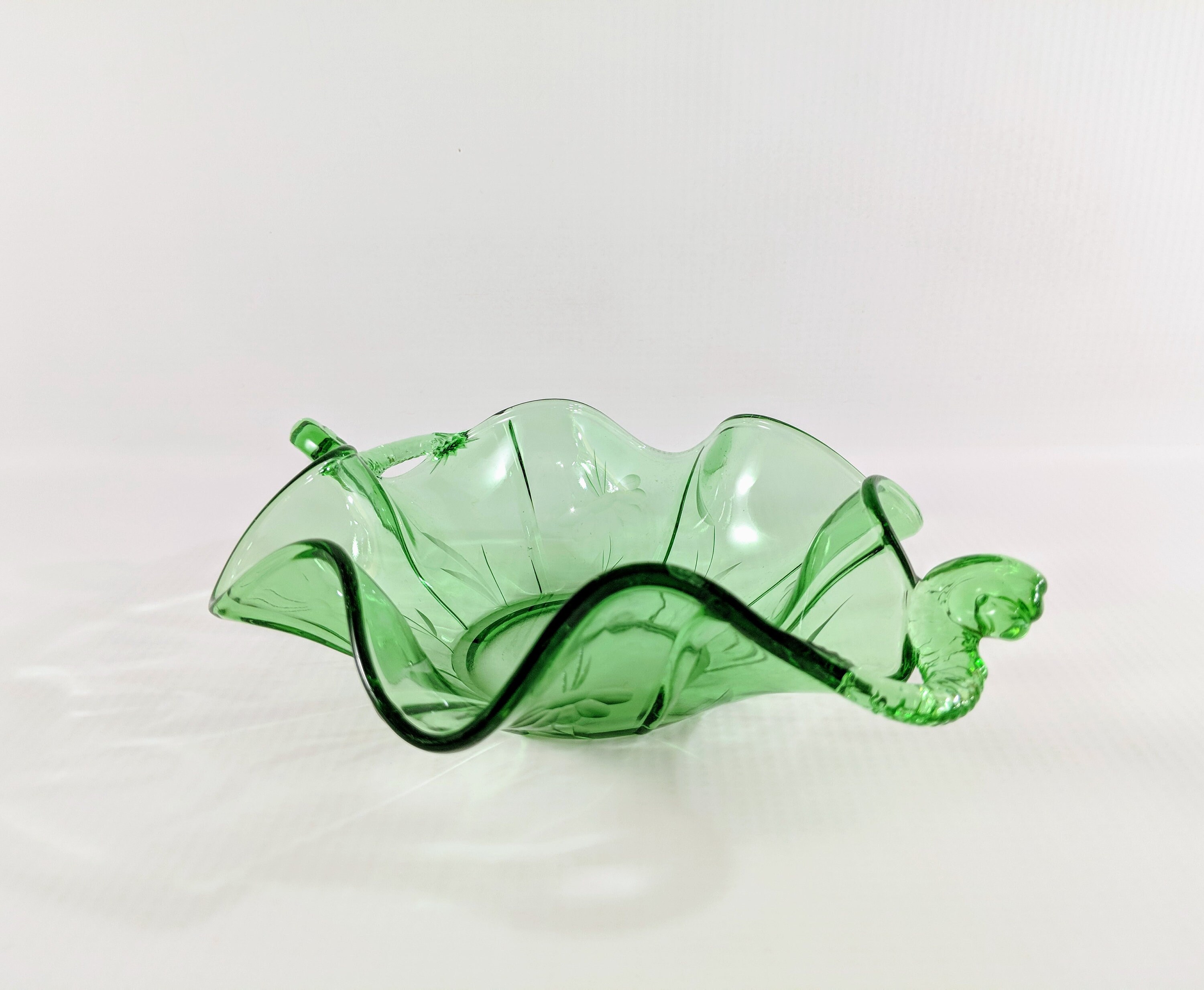 Vtg Fenton Dolphin Handled Green Bonbon Candy Dish With Etched - Etsy