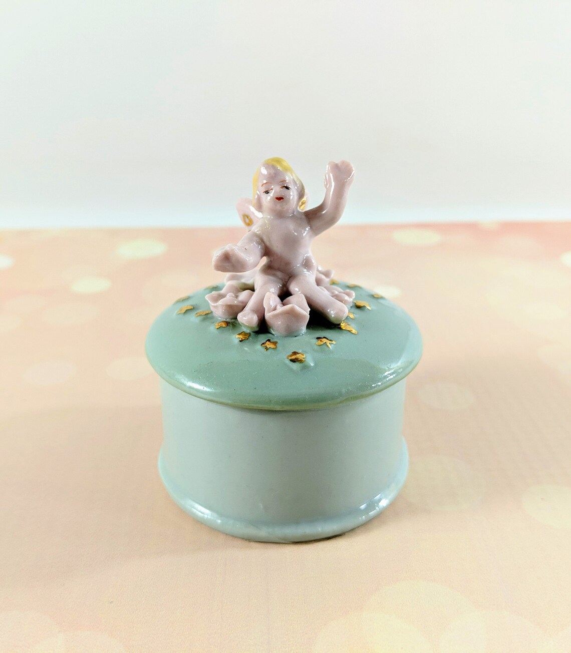 Vtg. Porcelain Cherub Figurine Trinket Box. Light Green and | Etsy