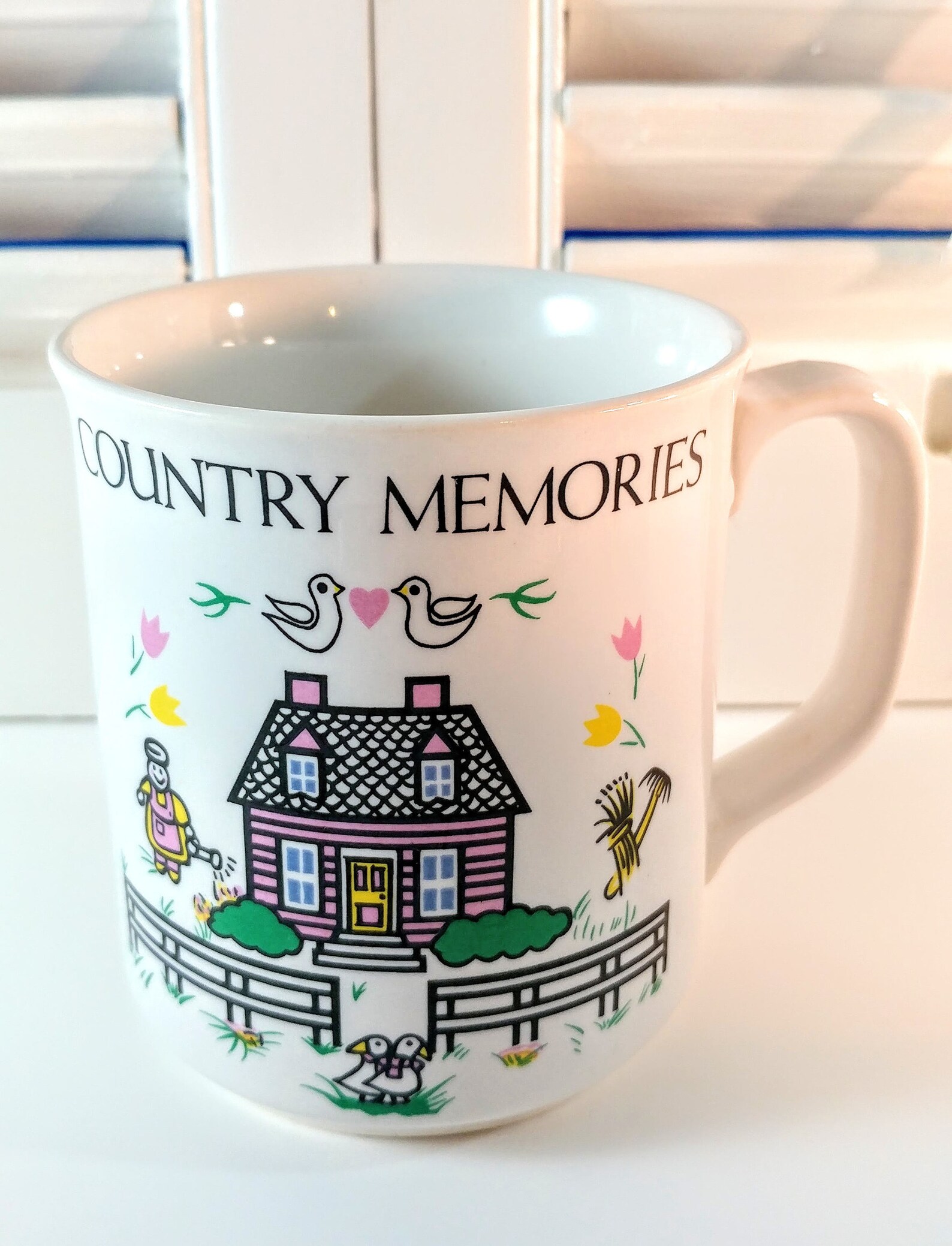 Set of 4 "country Memories" Coffee Cups With Pink, Green & Yellow ...