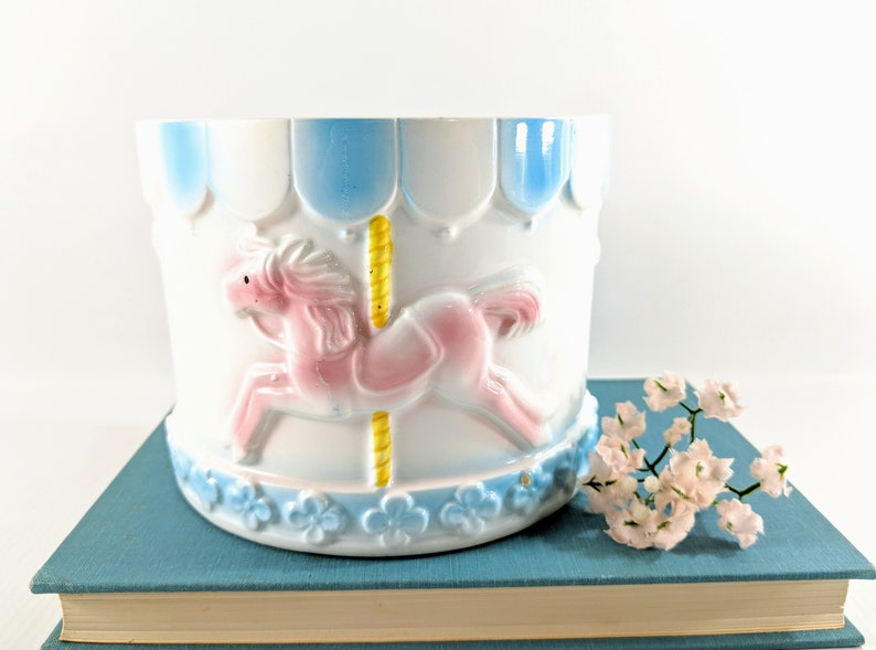 Vtg. Relpo Carousel Baby Planter. White With Pink Horses and | Etsy