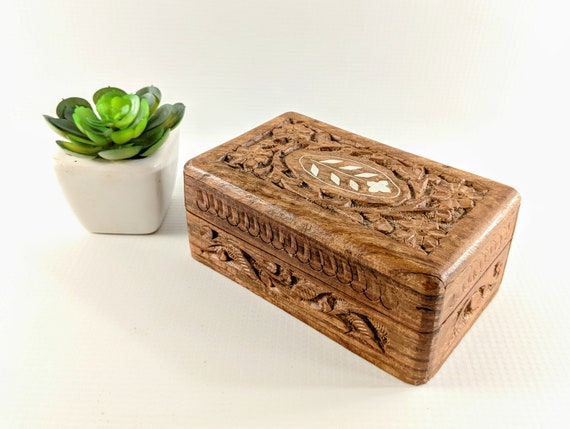 Made in India Wooden Box with Farm Scene Vintage Carved Wooden Trinket ...