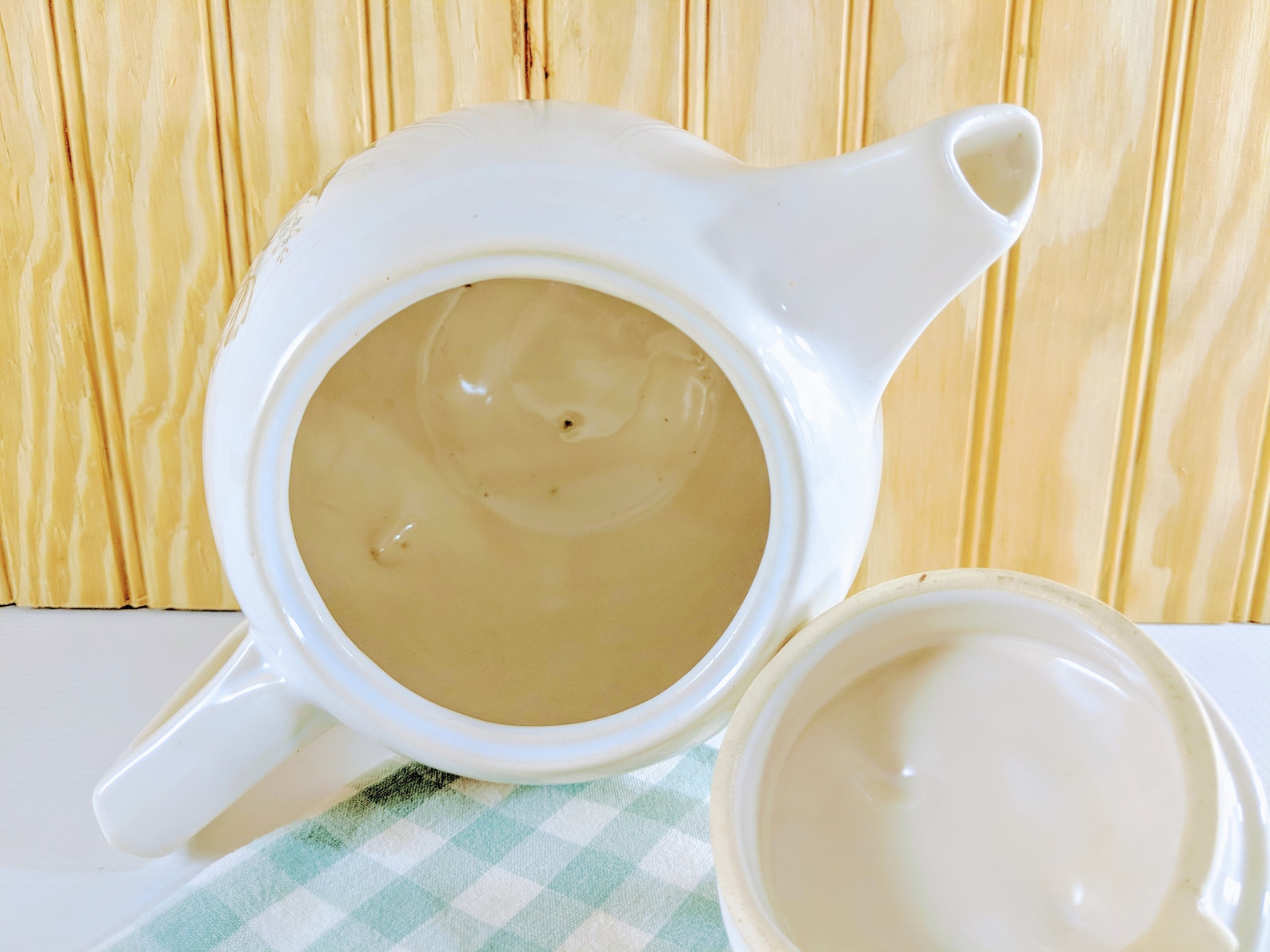 Vtg. Mccoy Pottery Teapot. White With Brown Rose & Pale Sage Green Baby ...