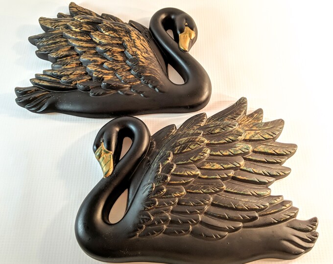 Vintage, 1968 Miller Studio Black Swan Chalkware Wall Plaques. Set of 2 ...
