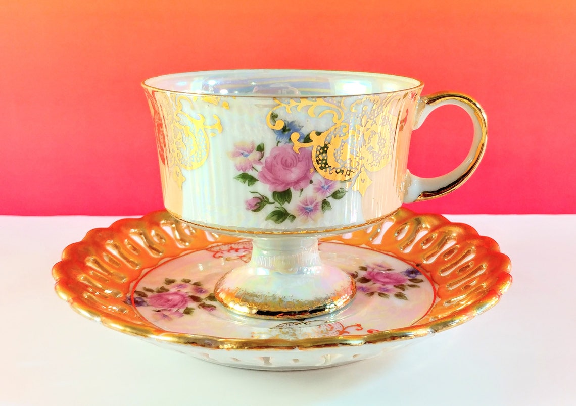 Vintage Lusterware Footed Cup and Saucer With Pink Rose - Etsy
