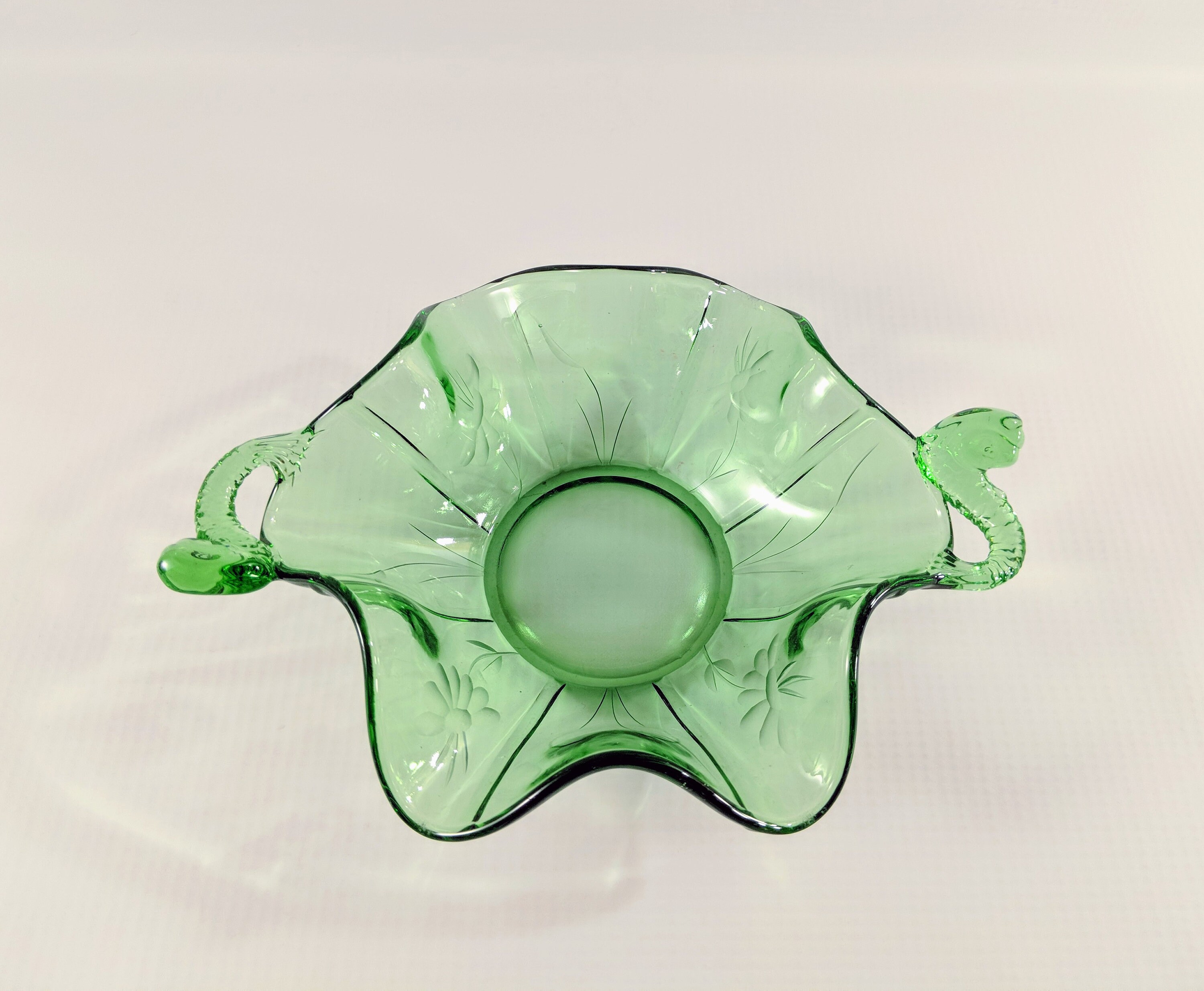 Vtg Fenton Dolphin Handled Green Bonbon Candy Dish With Etched - Etsy