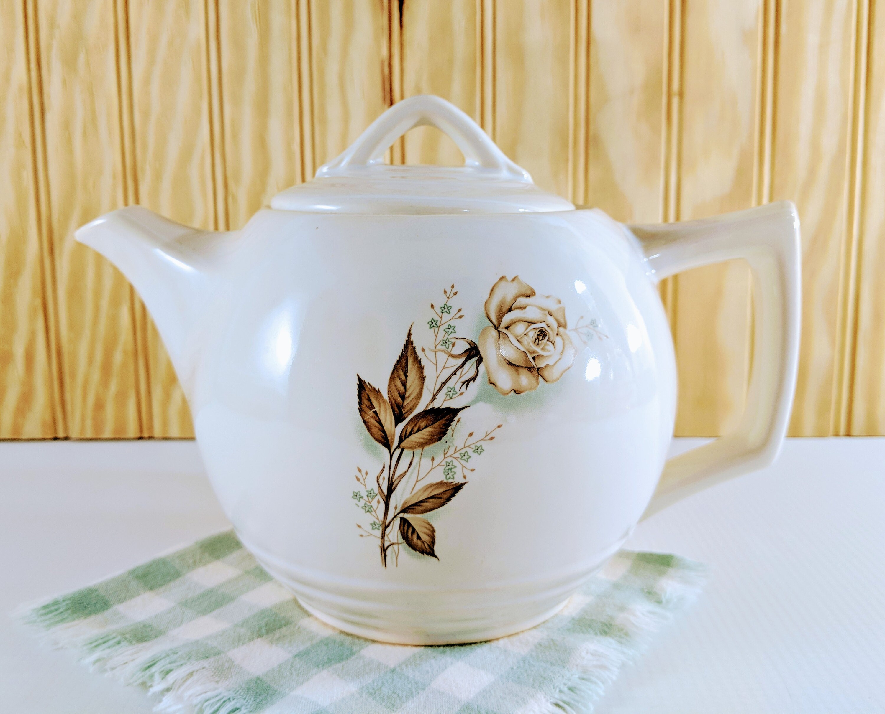 Vtg. Mccoy Pottery Teapot. White With Brown Rose & Pale Sage Green Baby ...