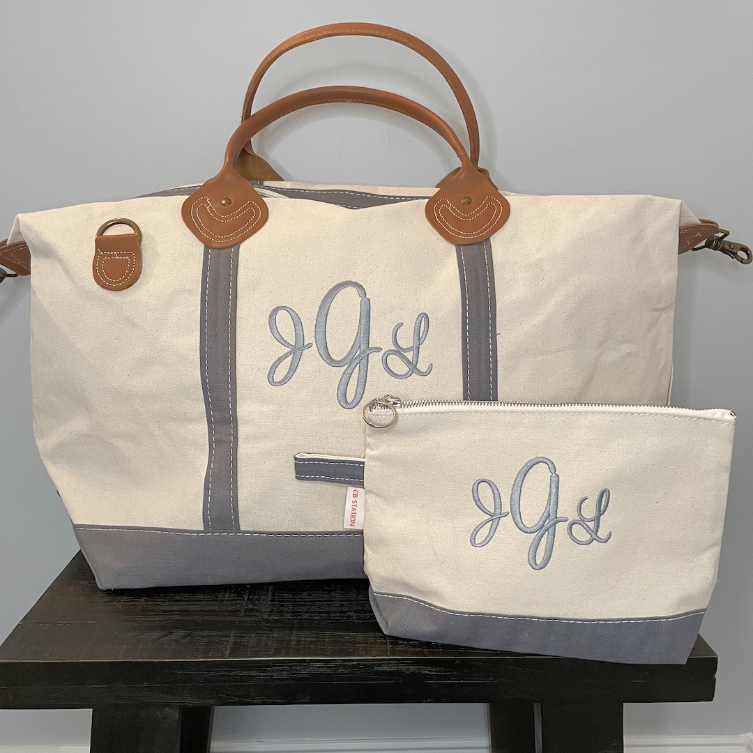 Monogrammed Girls Weekend Bag Gray, Black, Navy Canvas Trim Extra Large ...