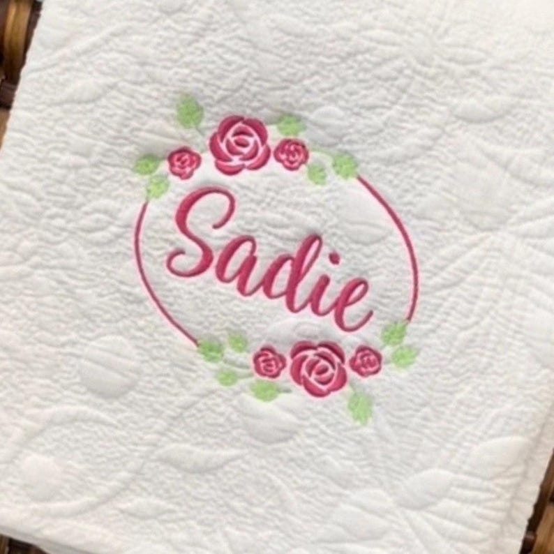 Personalized Baby Blanket, Embroidered Name Rose Wreath Quilt, New Mom ...