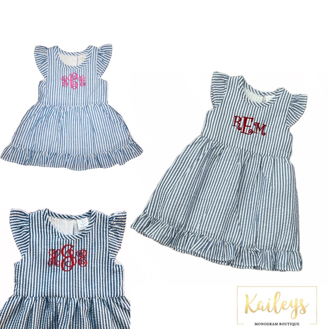 Preppy Monogram Blue Seersucker Dress, Toddler Easter Dress, Baby ...