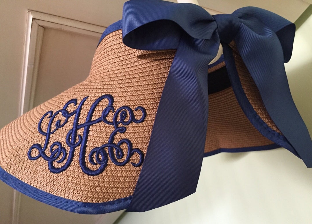 Embroidered Visor Straw Hat With Ribbon Bow - Packable Beach Sun Hat ...