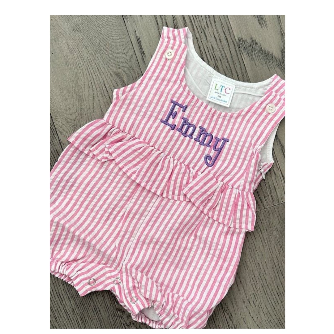 Girls Pink Easter Outfits Seersucker Ruffle Romper Monogram Baby ...