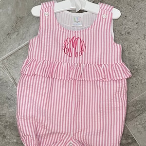 Girls Pink Easter Outfits Seersucker Ruffle Romper Monogram Baby ...