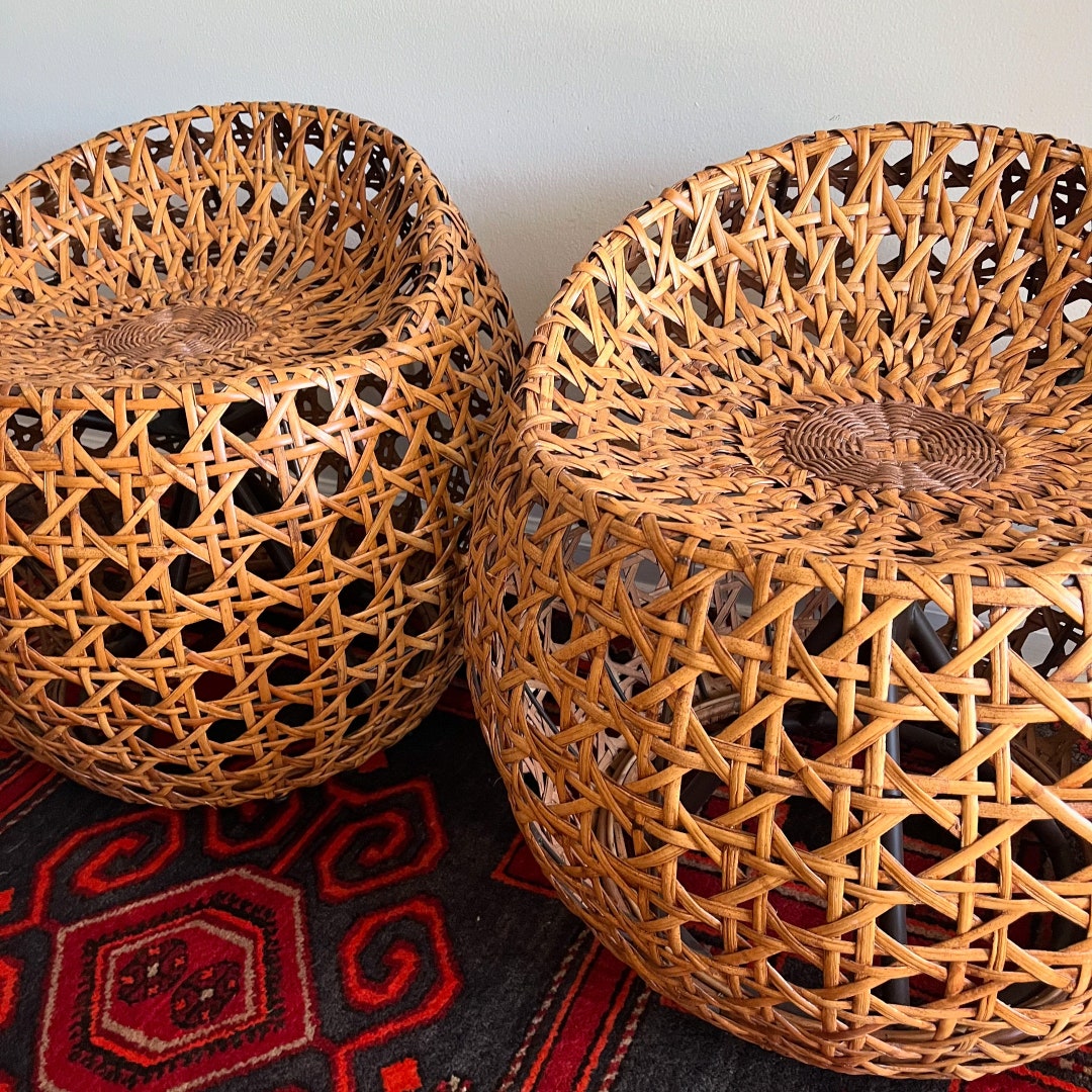 Set Palecek Rattan Swivel Chairs / Stools BOHO Woven Rattan 1970's a ...