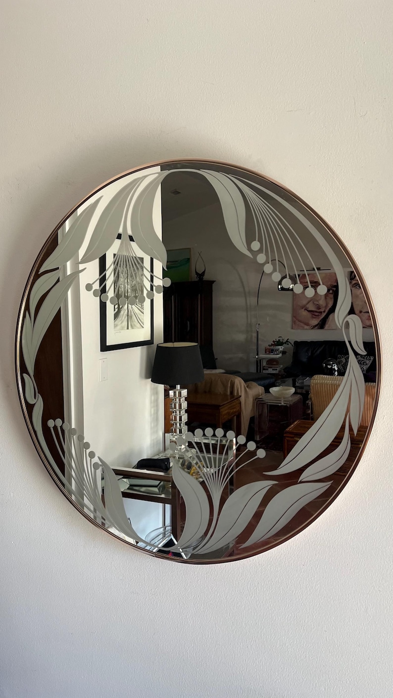 Vintage Round Mirror by Windsor Art Signed Eriksen Etched Lily of the ...