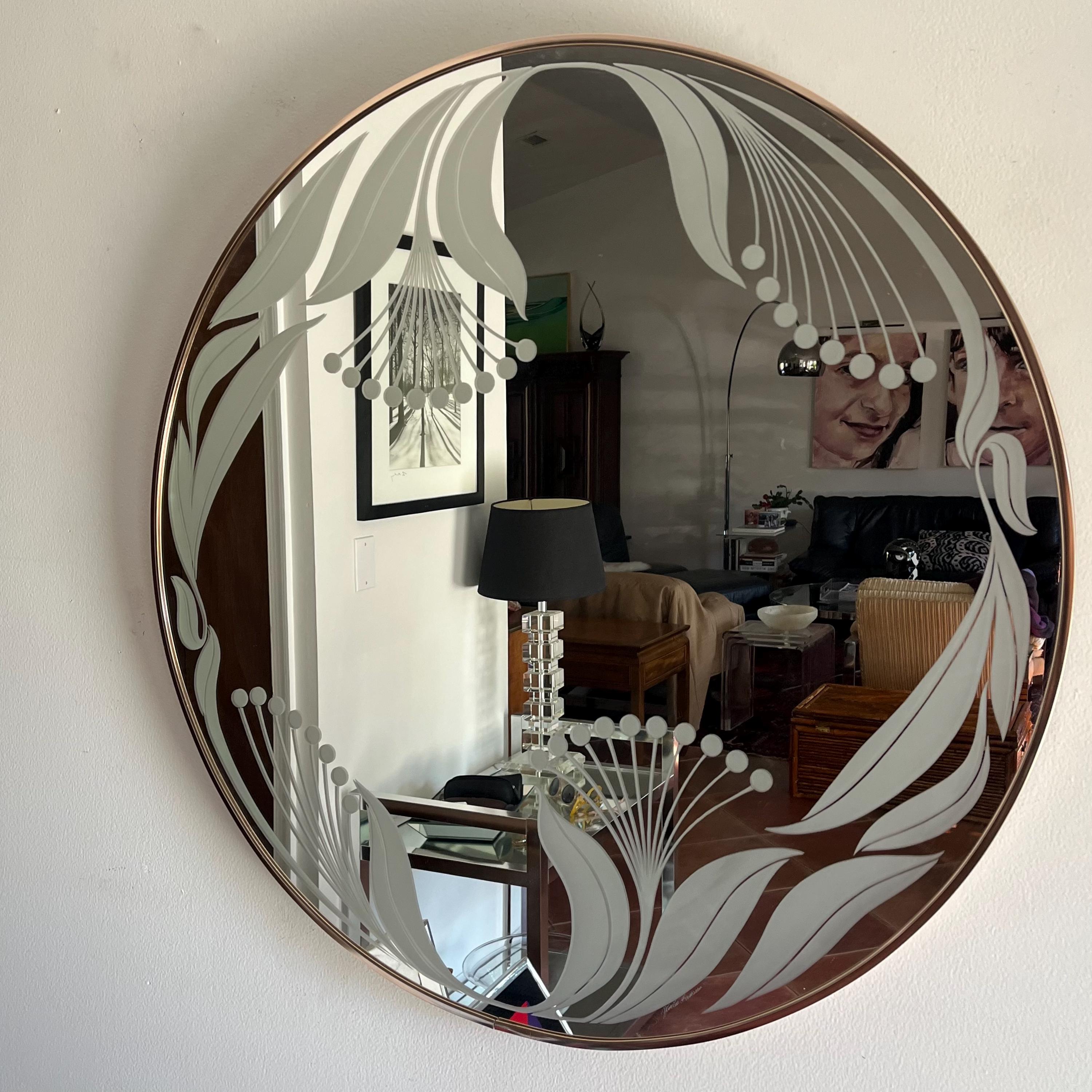 Vintage Round Mirror by Windsor Art Signed Eriksen Etched Lily of the ...