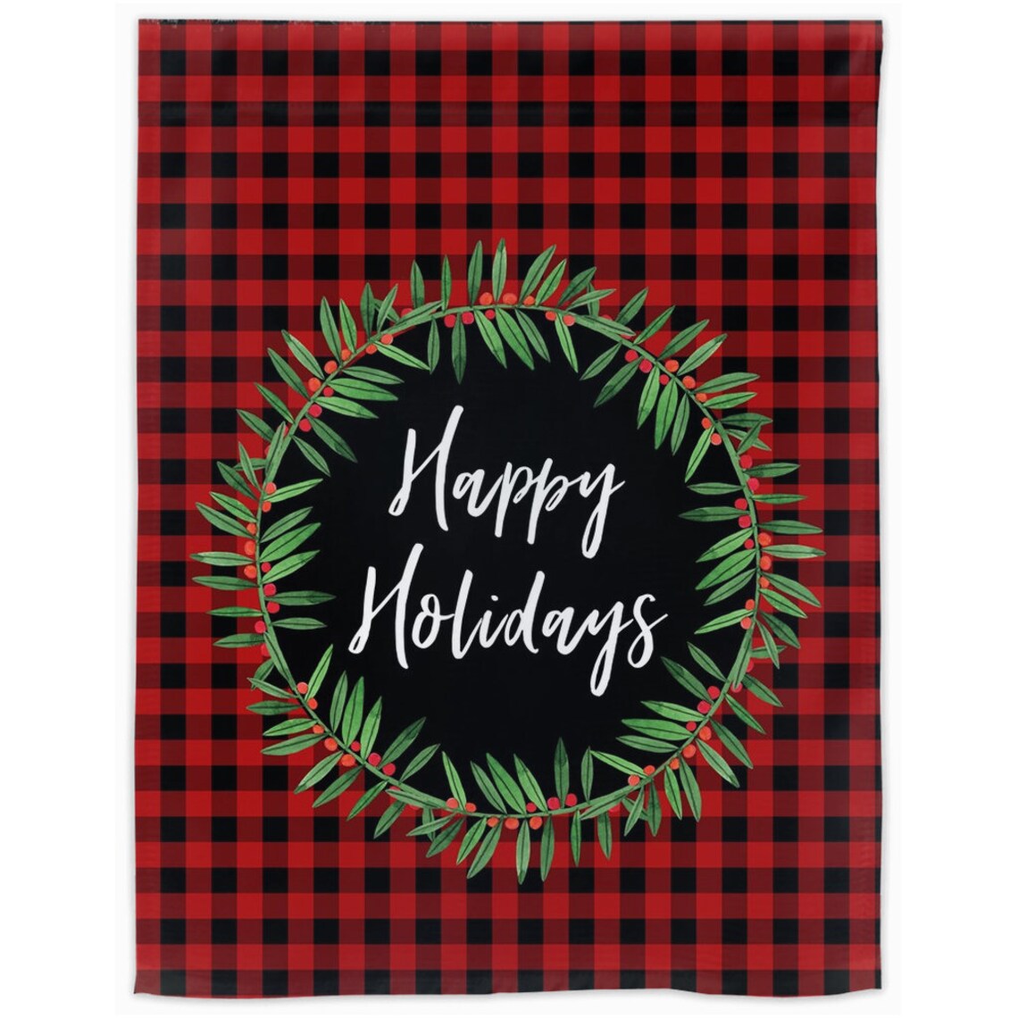 Happy Holidays Garden Flag Mistletoe Wreath Buffalo Check | Etsy