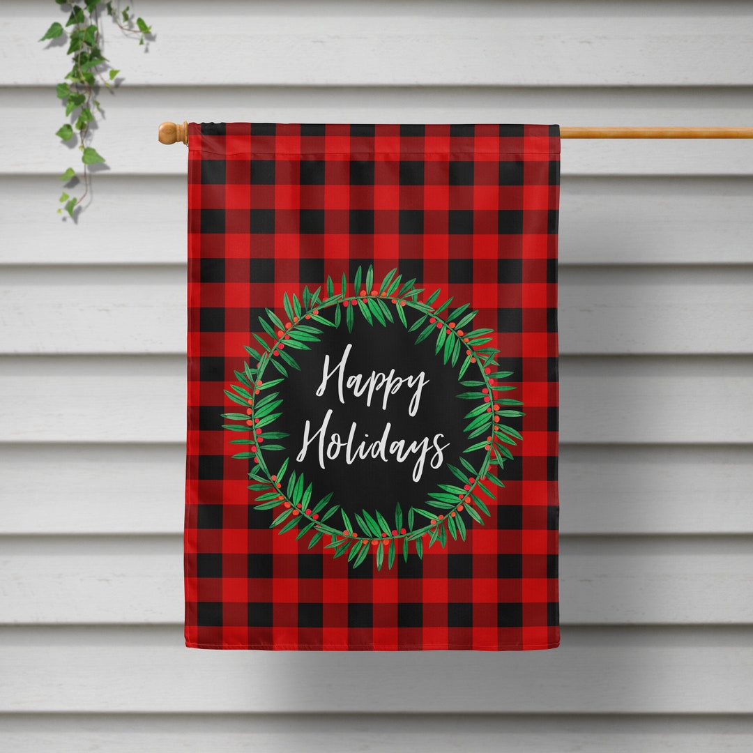 Happy Holidays Garden Flag Mistletoe Wreath Buffalo Check - Etsy