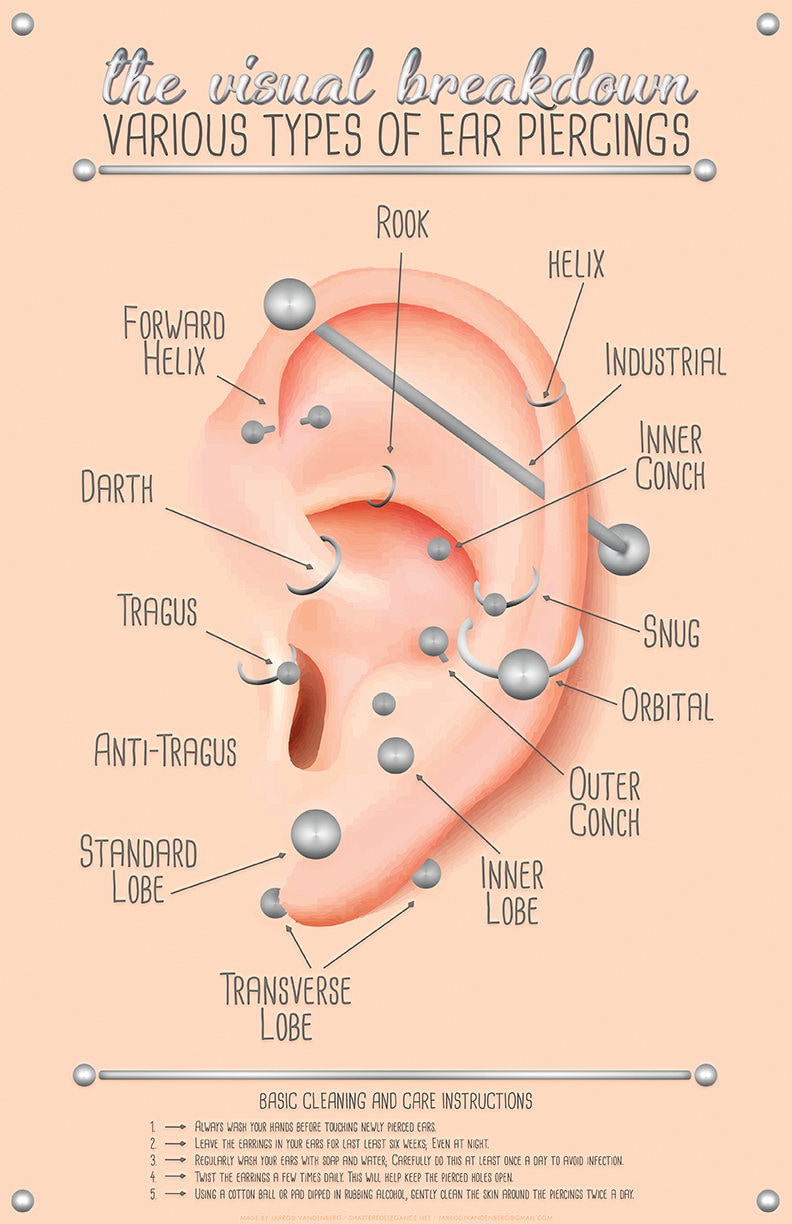 Ear Piercing Chart Infographic Chart Poster Piercing Infographic Print T For Piercers Map Of
