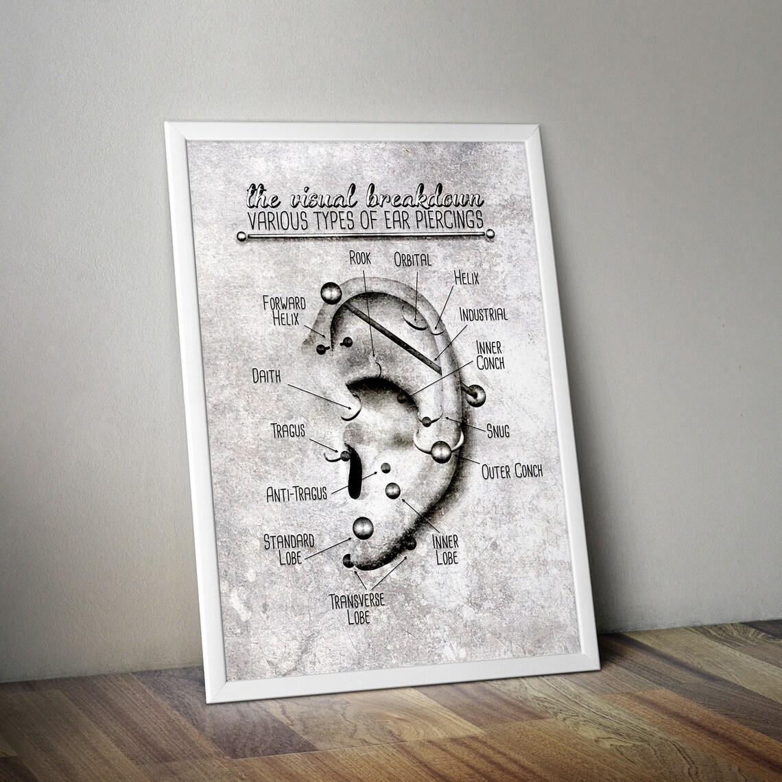 Ear Piercing Chart Infographic Print Wall Art Updated Grunge Grey ...