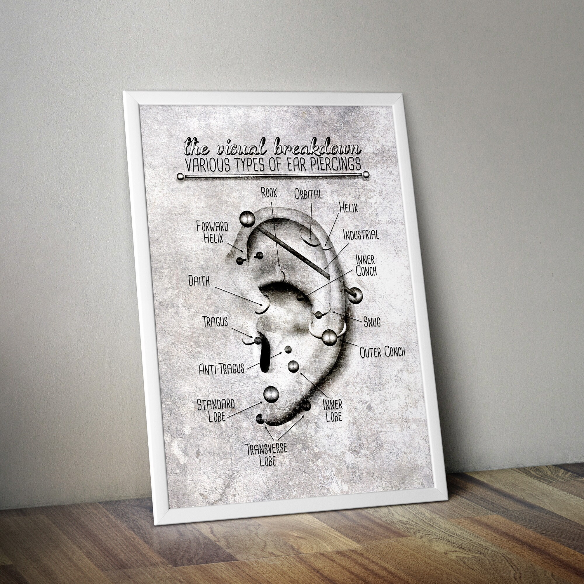 Ear Piercing Chart Infographic Print Wall Art Updated Grunge Grey ...