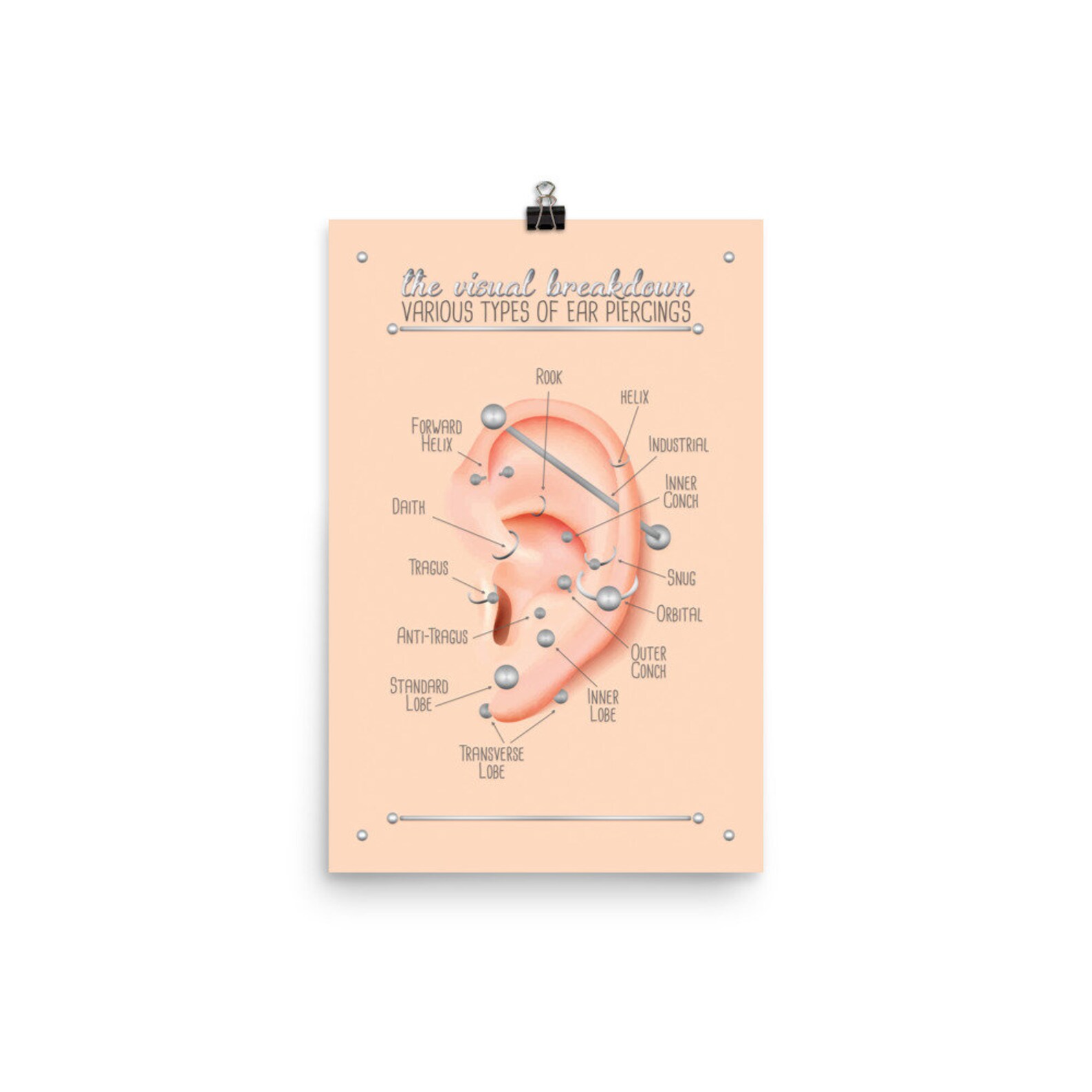 Ear Piercing Chart Print Showing Various Locations of Piercings Print ...