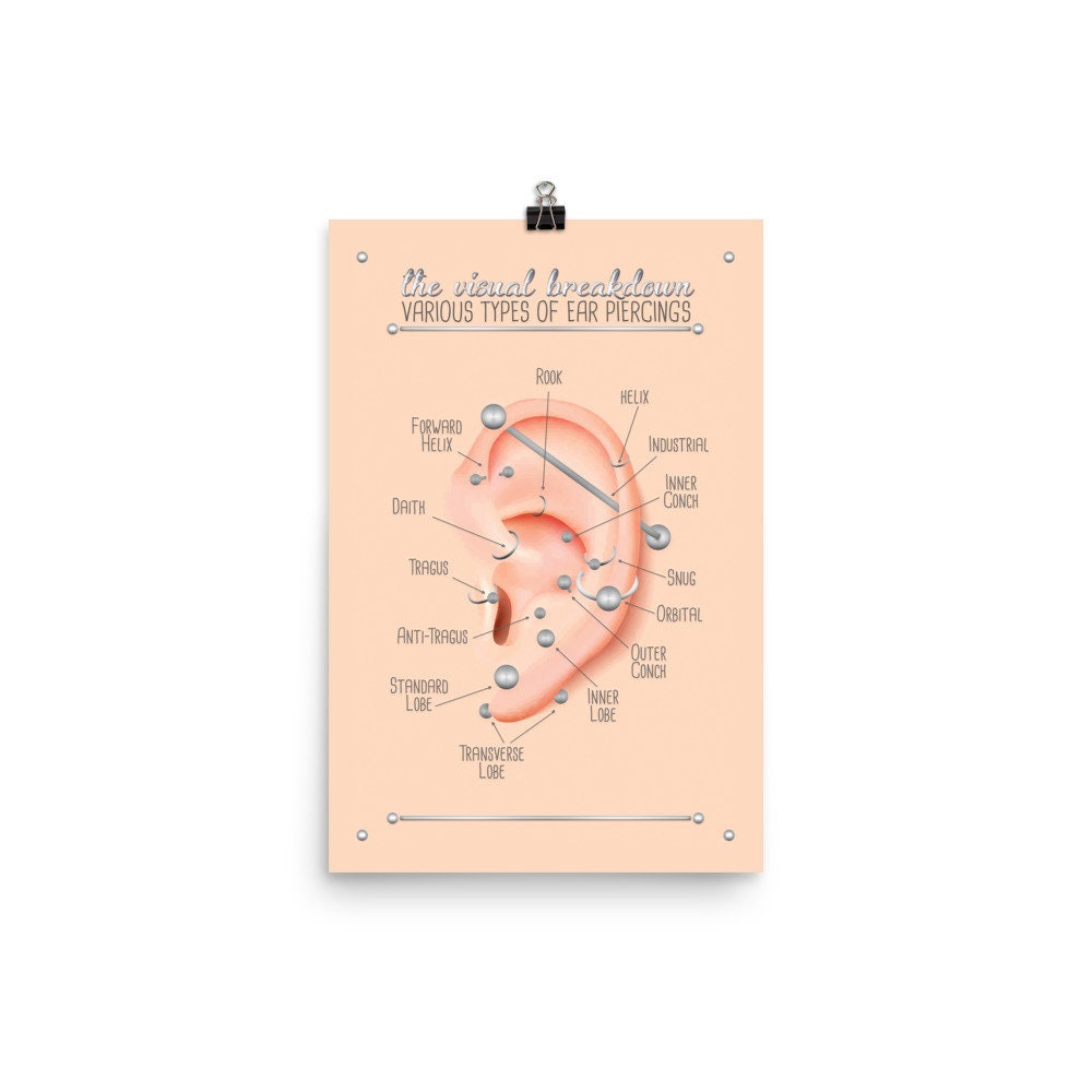 Ear Piercing Chart Print Showing Various Locations of Piercings Print ...