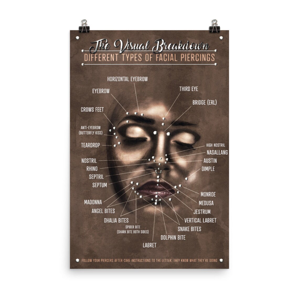 Face Piercings Infographic Wall Decor Chart Vintage Grunge Poster Face ...