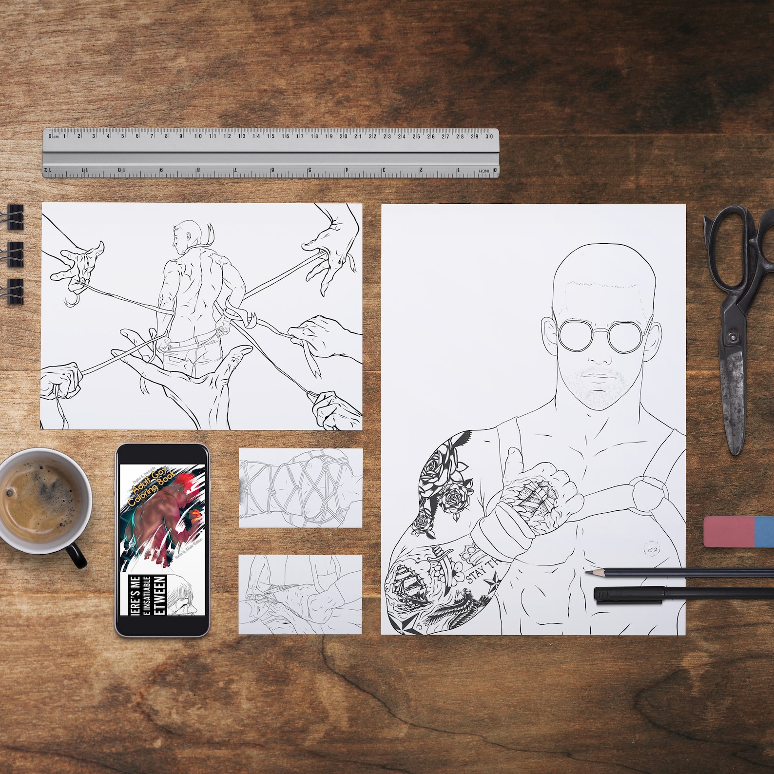 Gay and Queer Men's Digital and Printable Adult Coloring Book Hunks and ...