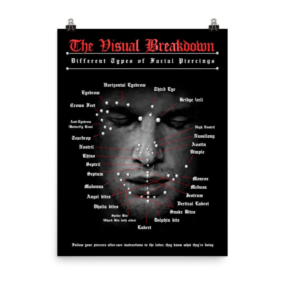 Face Piercings Chart Poster Infographic Gothic Various Types of Face ...