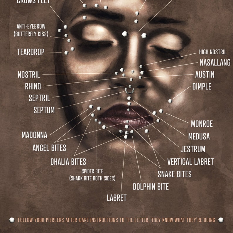 Face Piercings Infographic Wall Decor Chart Vintage Grunge Poster Face ...